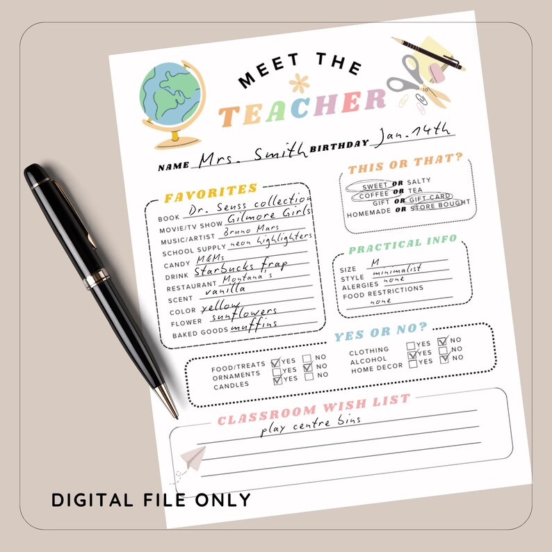 Teacher Favorite Things List: Back to School Questionnaire (printable ...