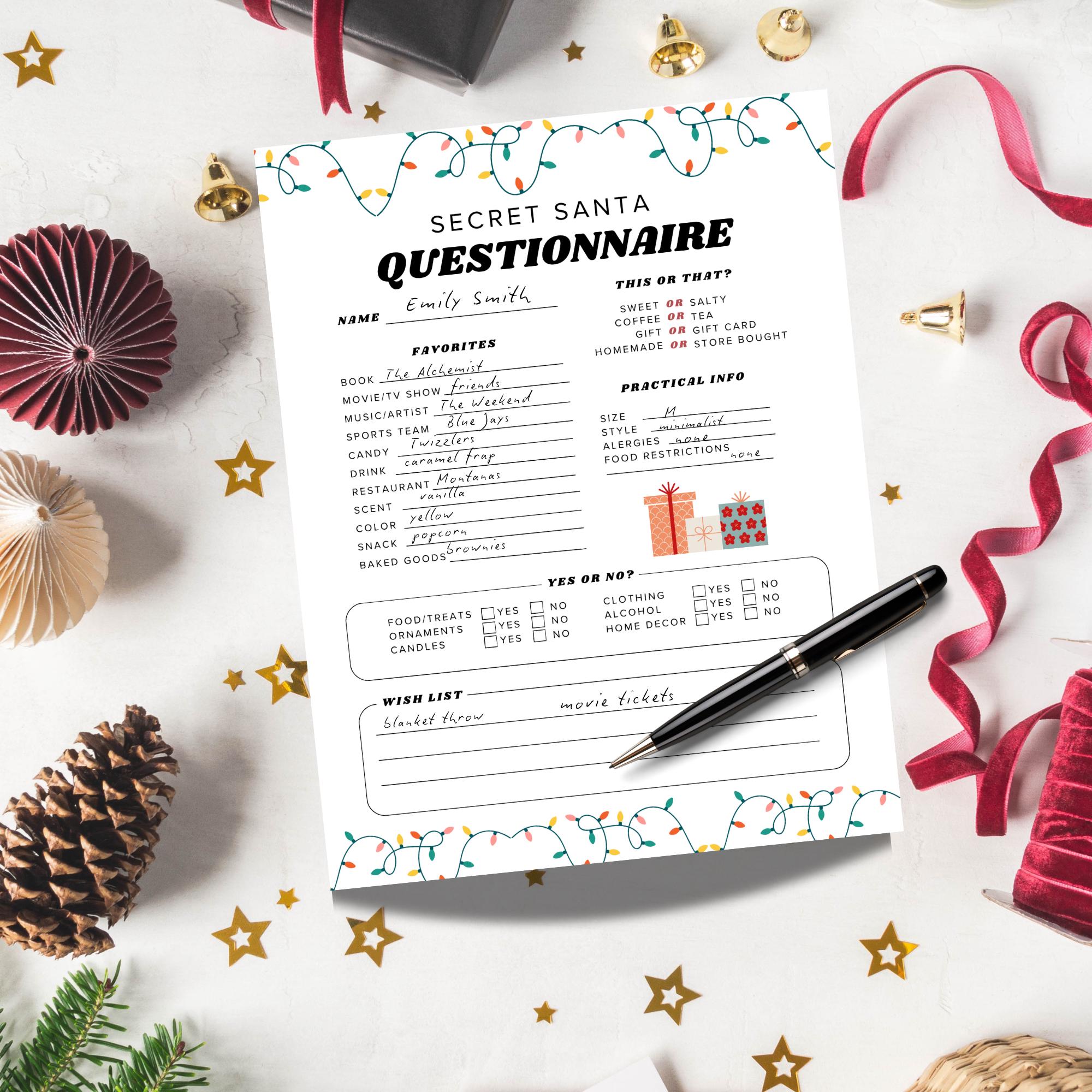 Secret Santa Form Fillable, Secret Santa Questionnaire for Coworkers ...