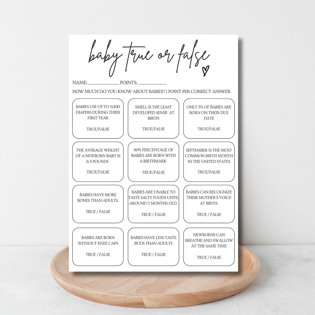 True or False Baby Shower Game, Fun Baby Shower Trivia Games, Modern ...
