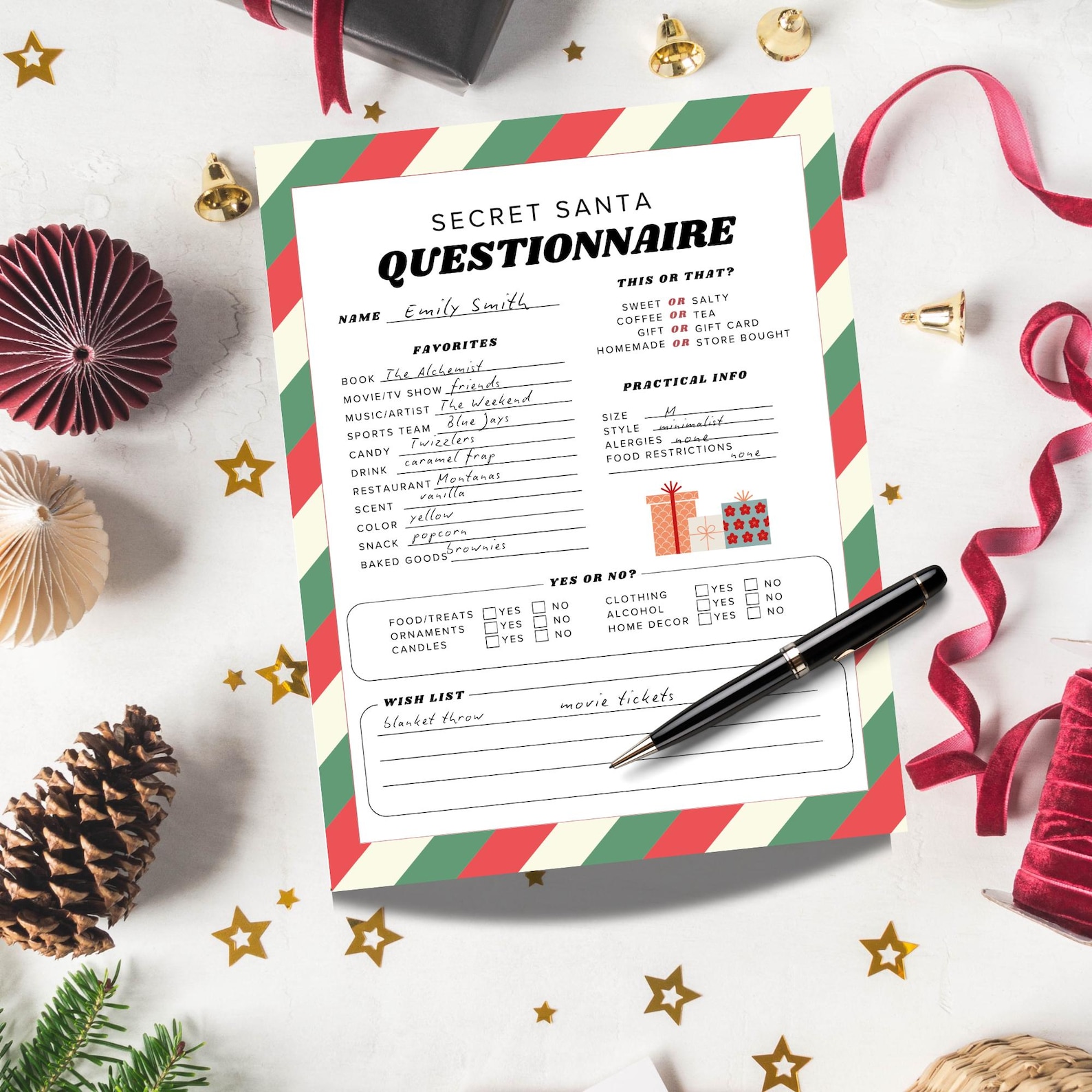 Secret Santa Form Fillable, Secret Santa Questionnaire for Coworkers ...