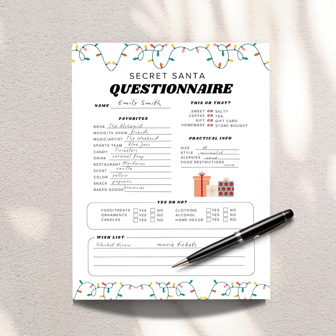 Secret Santa Form Fillable, Secret Santa Questionnaire for Coworkers ...