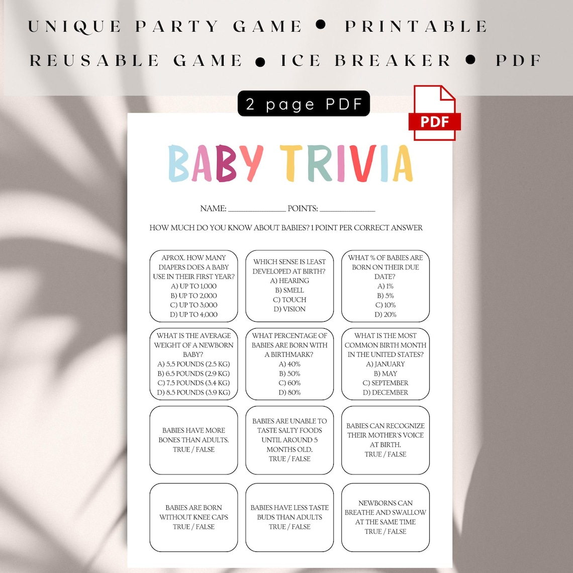 Fun Baby Shower Trivia Game Printable Baby Shower Games and Trivia ...