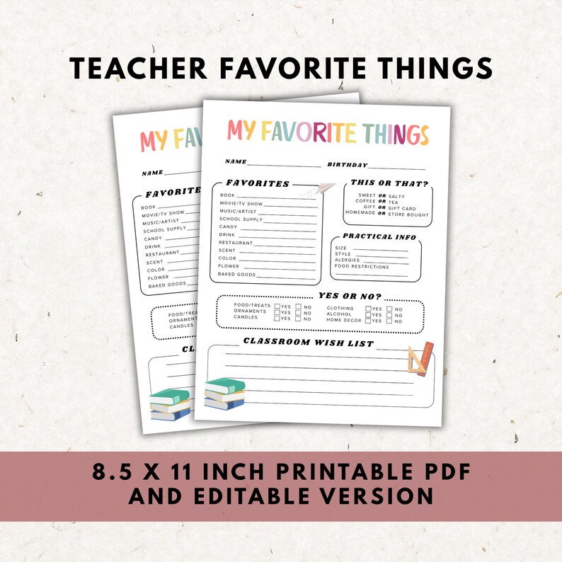 Teacher Favorite Things List Printable PDF, Back to School Survey, All ...