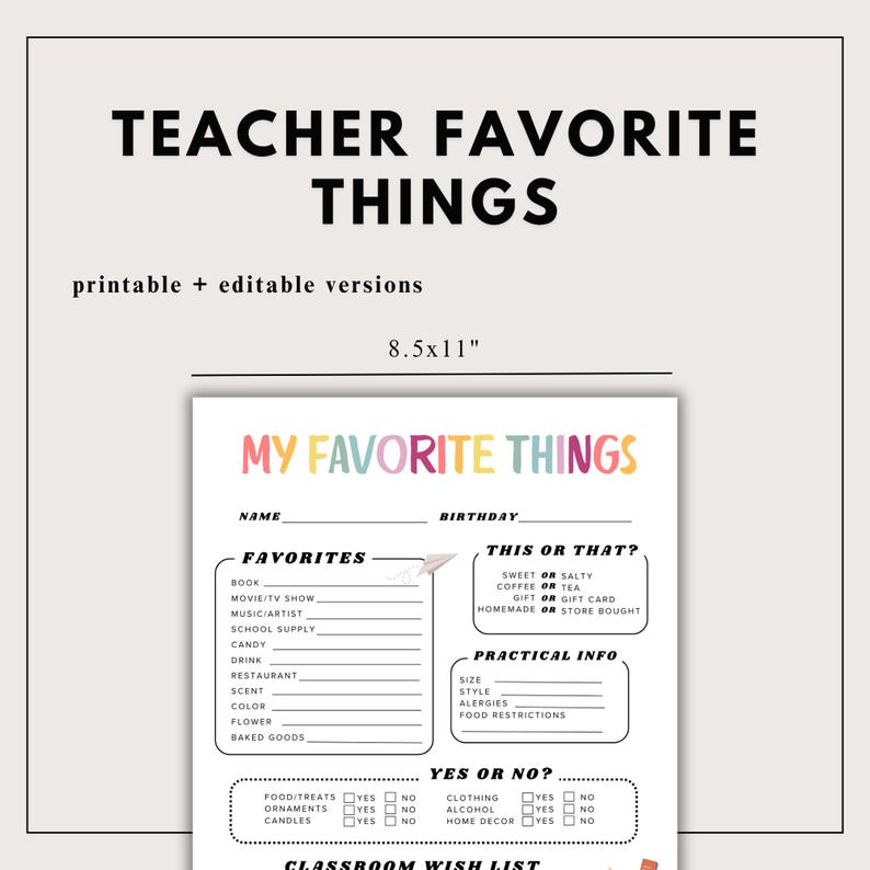 Teacher Favorites List Printable: Back to School Questionnaire (PDF ...