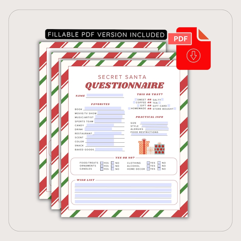 Secret Santa Form Fillable, Secret Santa Questionnaire for Coworkers ...