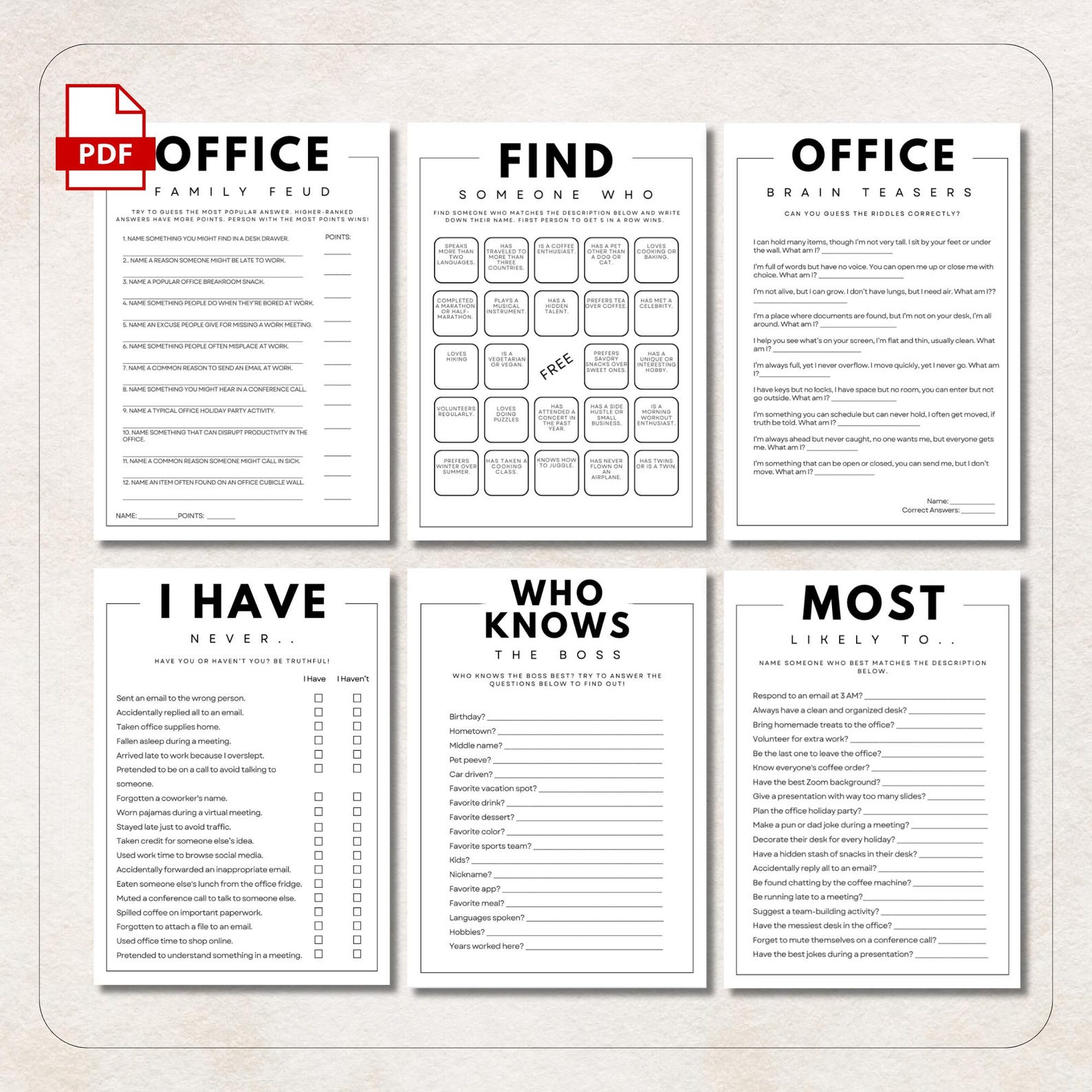 Work Party Games Printable PDF, Office Party Games Bundle, Fun Office ...