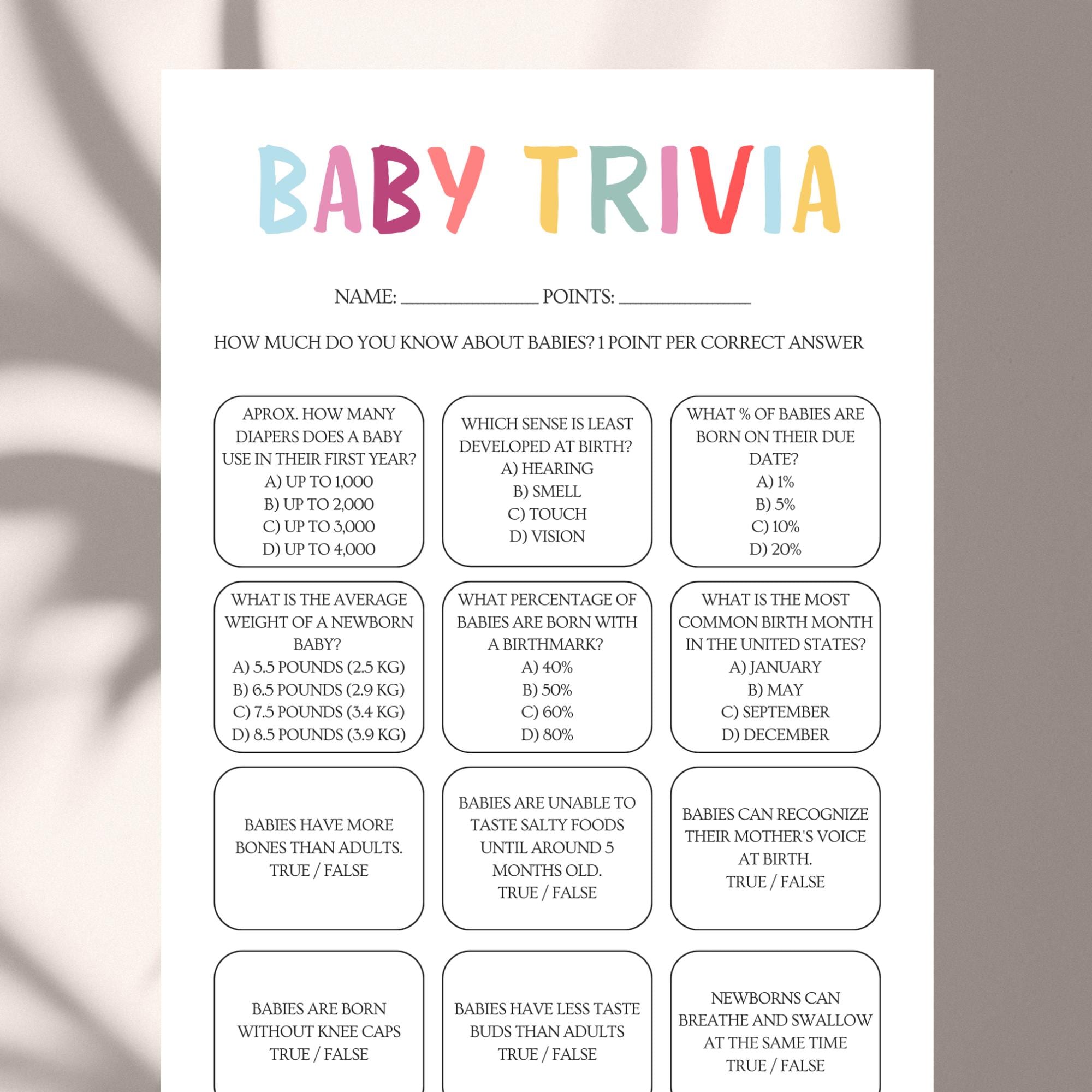 Fun Baby Shower Trivia Game - Printable Baby Shower Games and Trivia ...