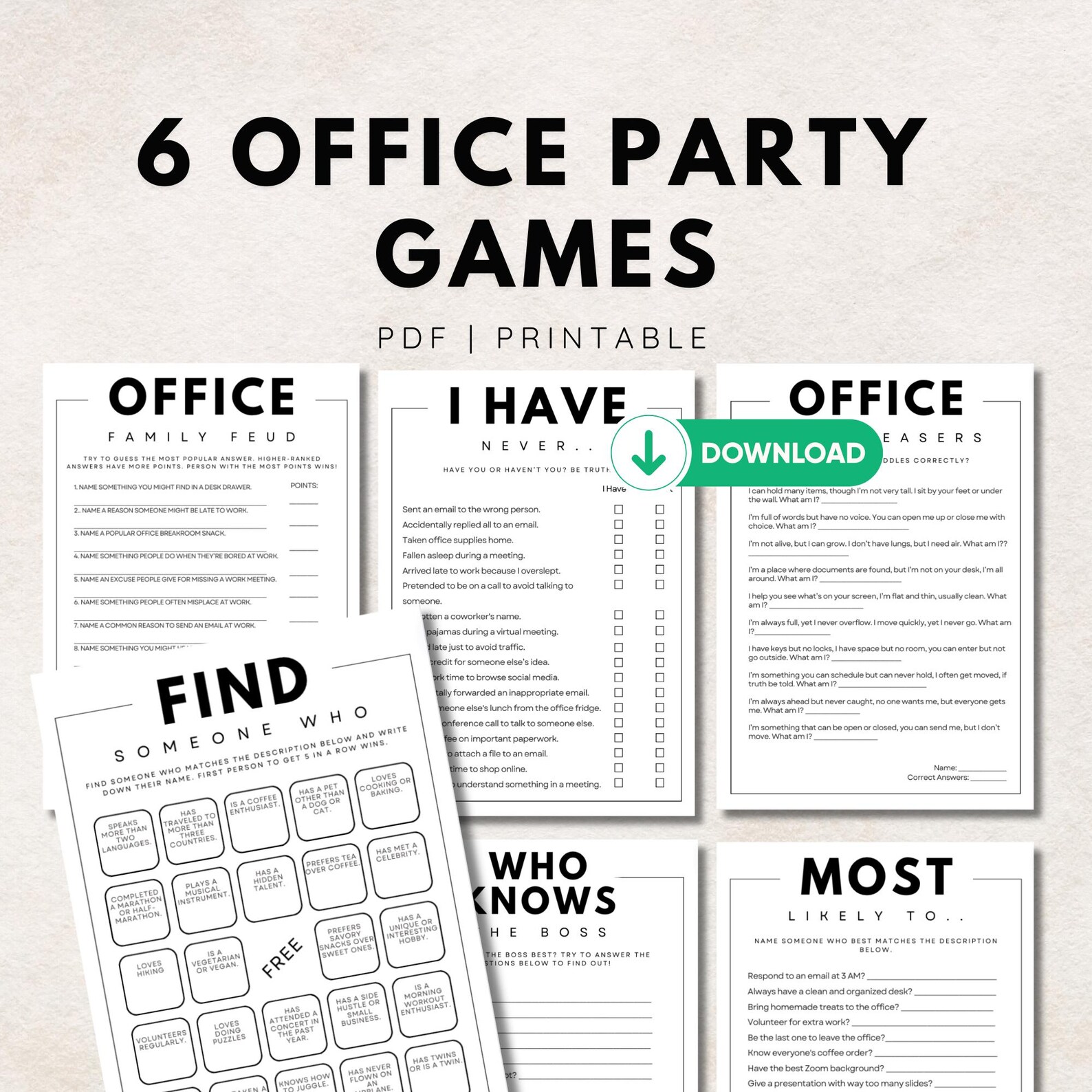 Work Party Games Printable PDF, Office Party Games Bundle, Fun Office ...