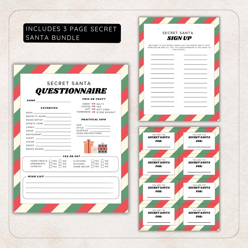 Secret Santa Form Fillable, Secret Santa Questionnaire for Coworkers ...