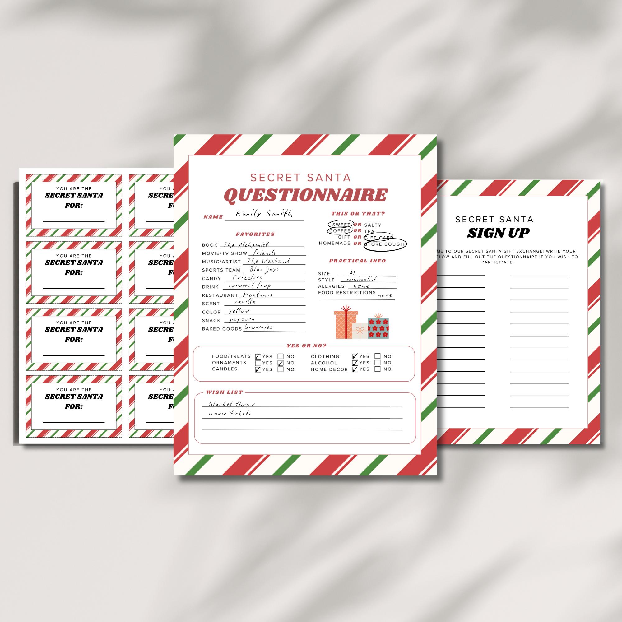 Secret Santa Form Fillable, Secret Santa Questionnaire for Coworkers ...