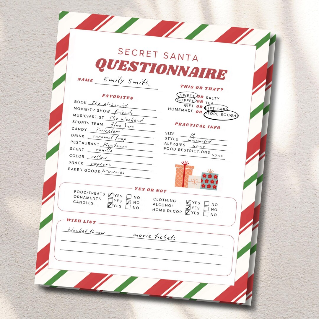 Secret Santa Form Fillable, Secret Santa Questionnaire for Coworkers ...