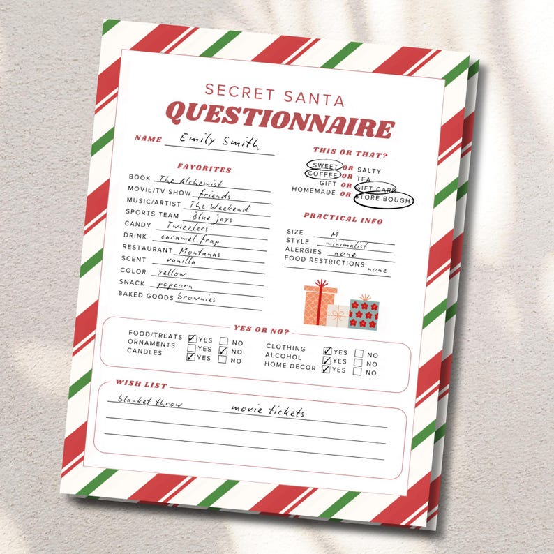 Secret Santa Form Fillable, Secret Santa Questionnaire for Coworkers ...