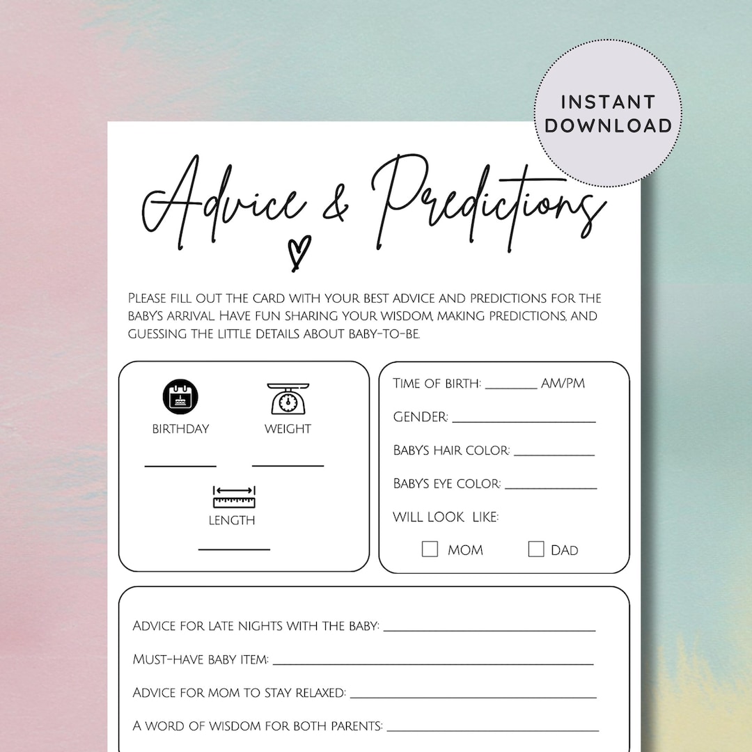 Baby Shower Predictions and Advice Card, Prediction Cards, Advice for ...