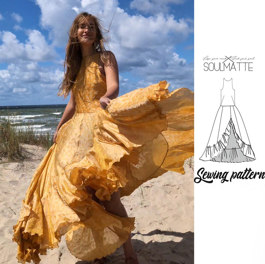Long Flowy Dress Sewing Pattern: Open Back, Asymmetric Split, Big ...