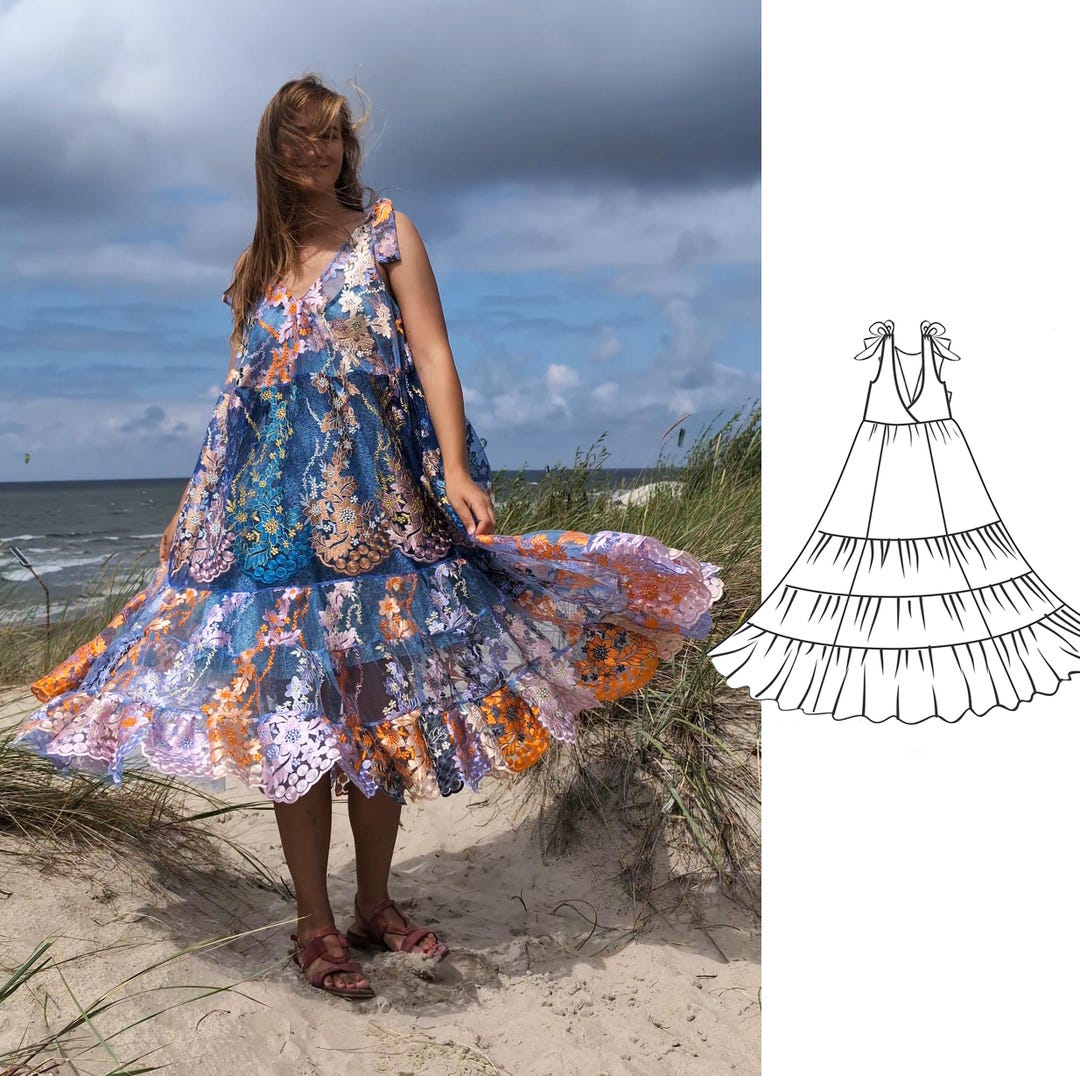 Maxi Tulle Dress Sewing Pattern, Sun Dress With Drapes, V Neckline ...
