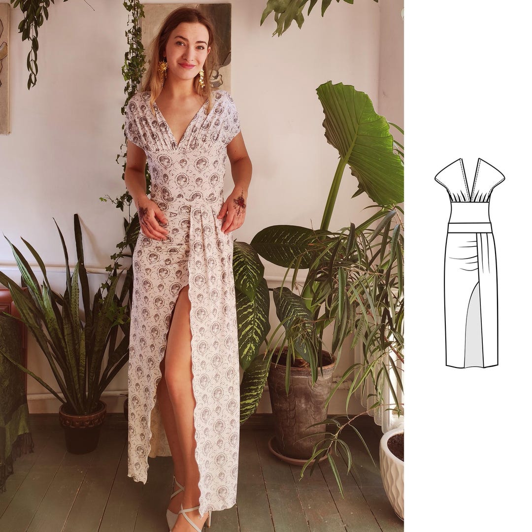 Fitted Long Dress Sewing Pattern for Elastic Fabric. Long Front Splt ...