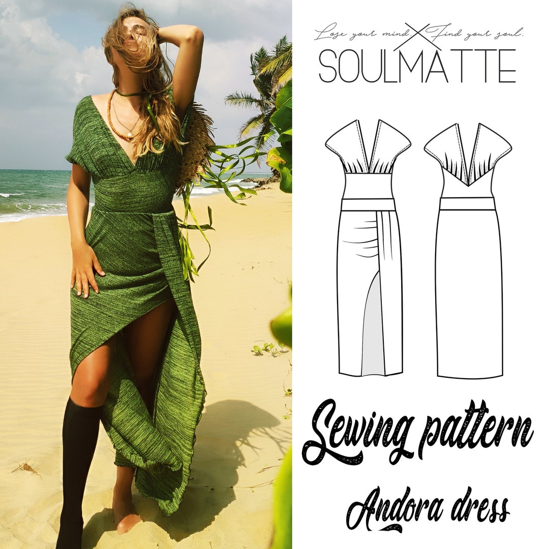 Long Fitted Dress Sewing Pattern for Elastic Fabric. Long Front Split ...