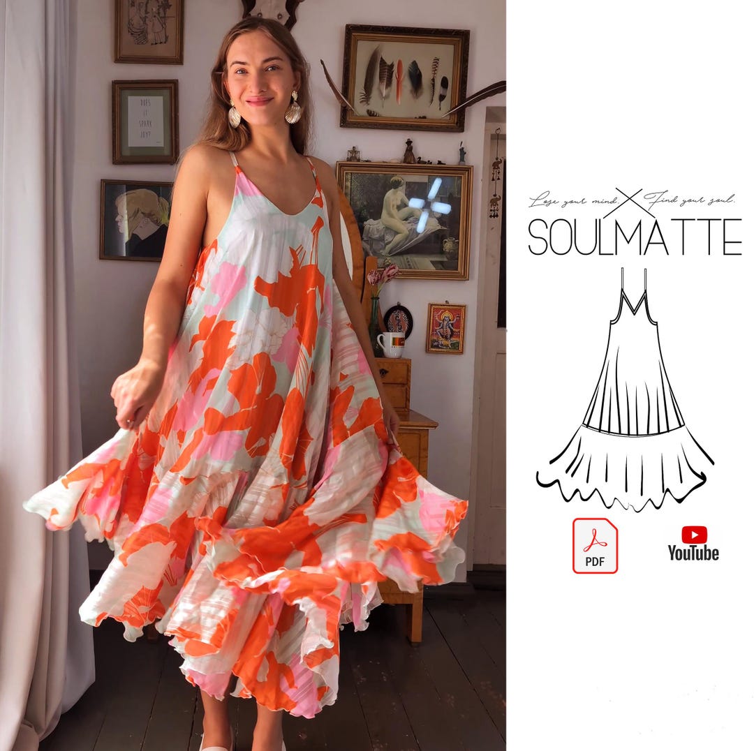 Maxi Ruffle Sun Dress Sewing Pattern, Draped Evening Gown (PDF Pattern ...
