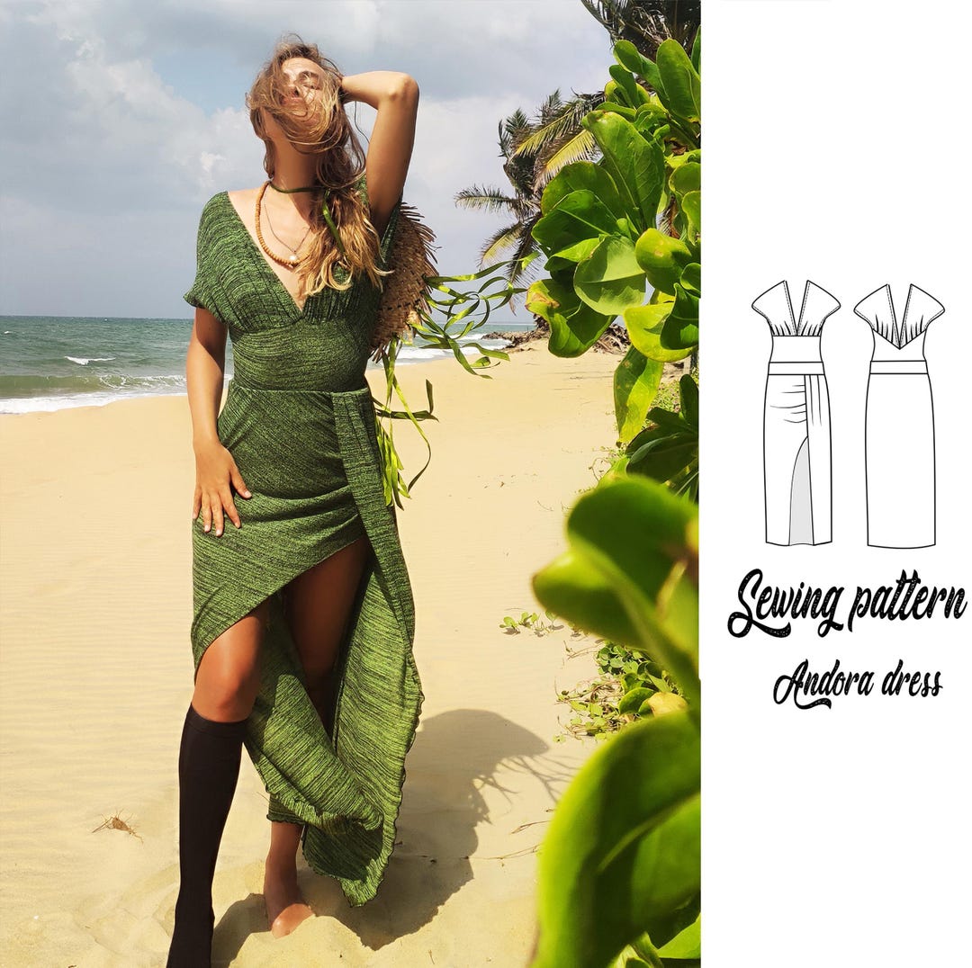 Long Fitted Dress Sewing Pattern for Elastic Fabric. Long Front Split ...