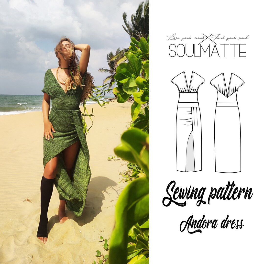 Long Fitted Dress Sewing Pattern for Elastic Fabric. Long Front Split ...