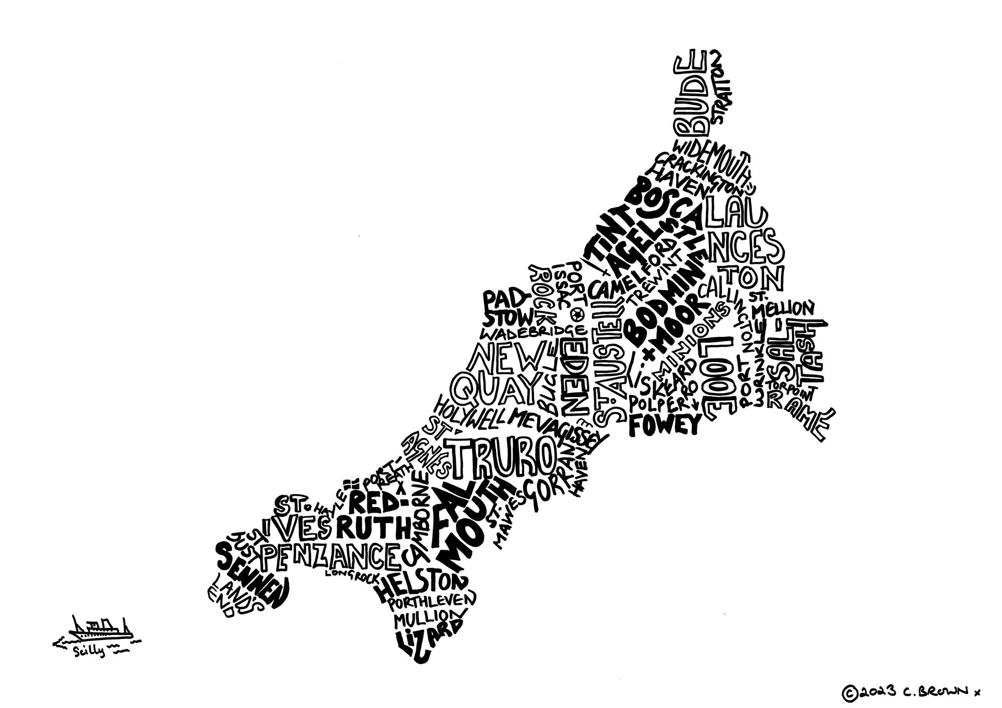 Cornwall Doodle Map Mounted Art Print - Etsy