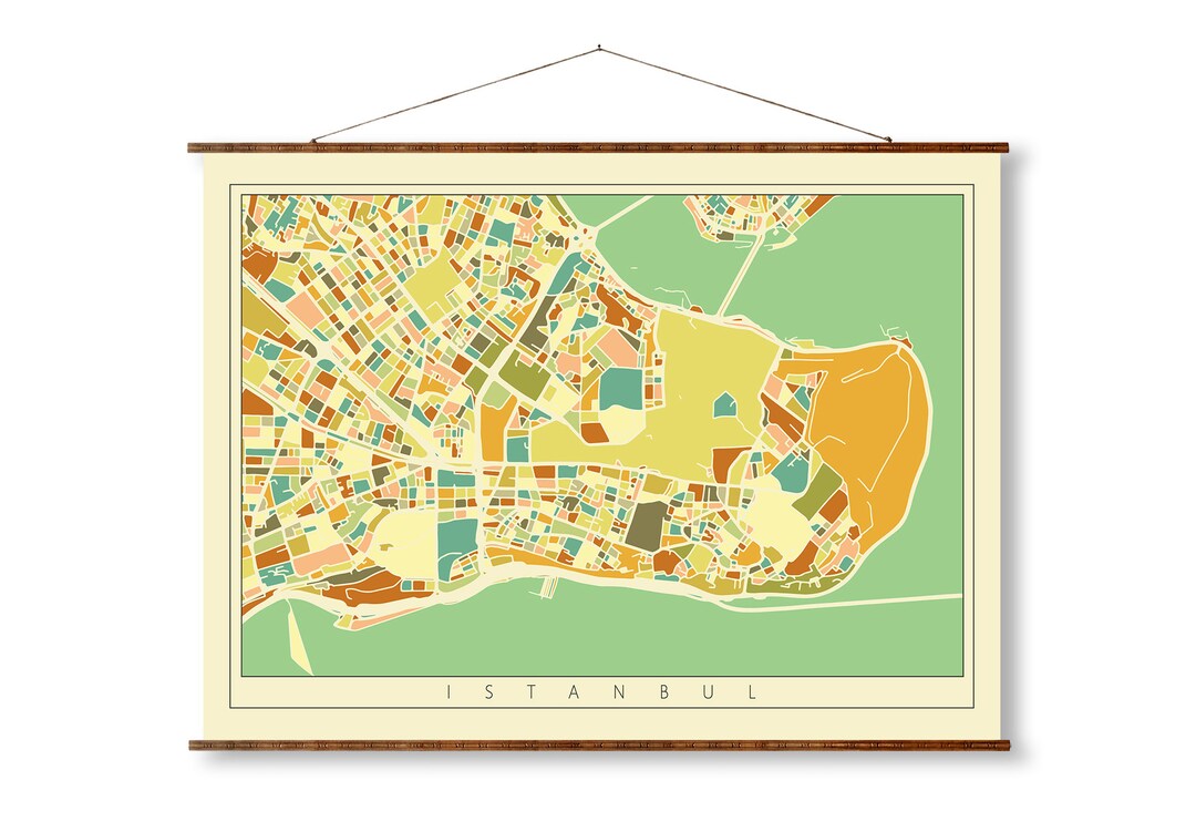 Istanbul Mosaic City Art Map Vintage Colored on Ready to Hang Roll Down ...