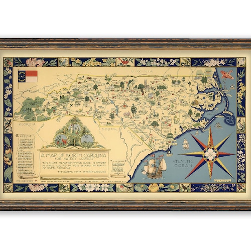 North Carolina Map Poster Rustic Vintage Style Travel Map | Etsy