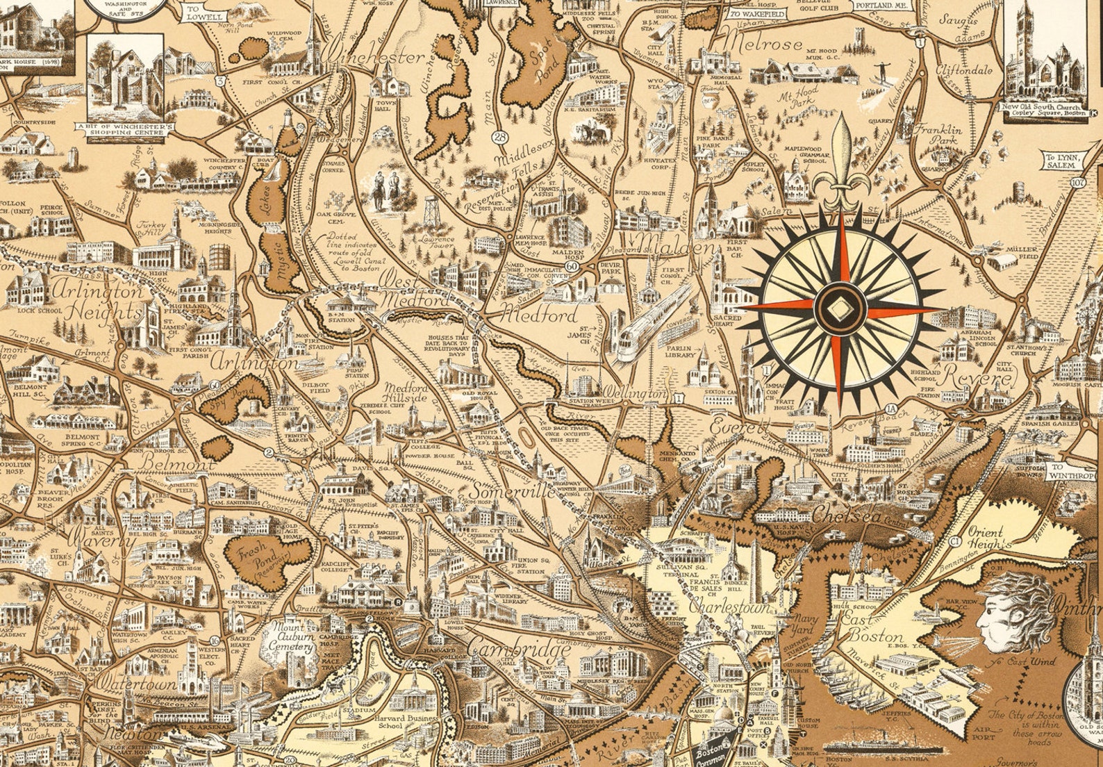 Boston Pictorial Map Vintage City Map on Ready to Hang Roll - Etsy