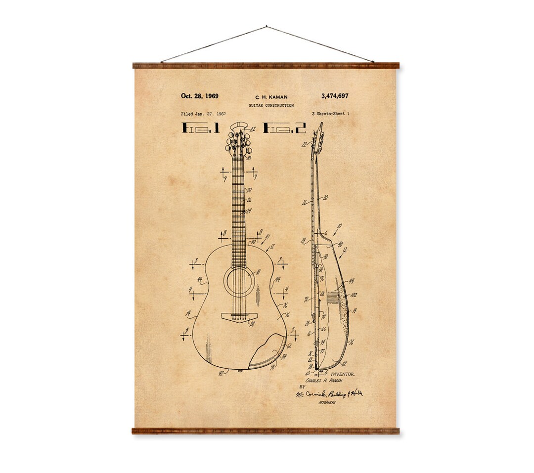 Accoustic Guitar Patent Vintage Illustrations Ready to Hang Roll Down ...
