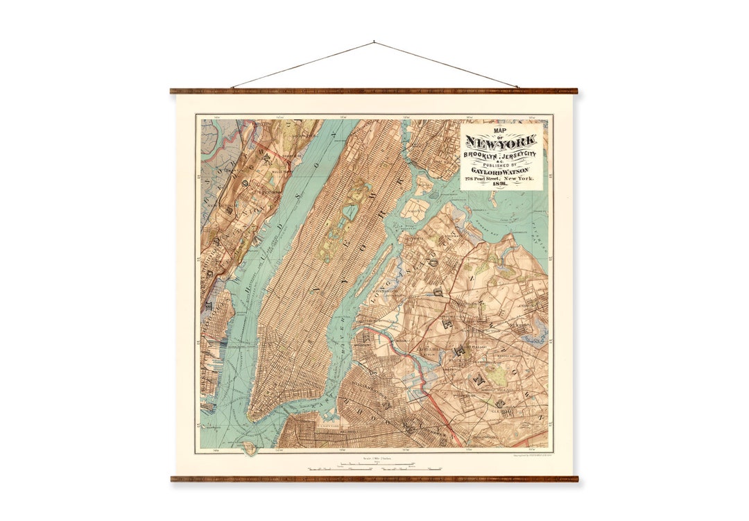 New York City Vintage City Map on Ready to Hang Roll Down Canvas ...