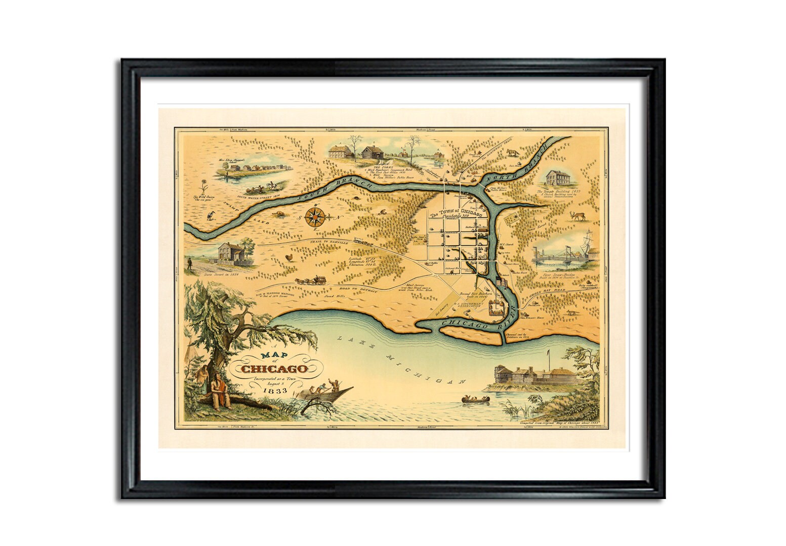 Chicago Map 1833 Vintage City Poster Print on Matte Paper - Etsy