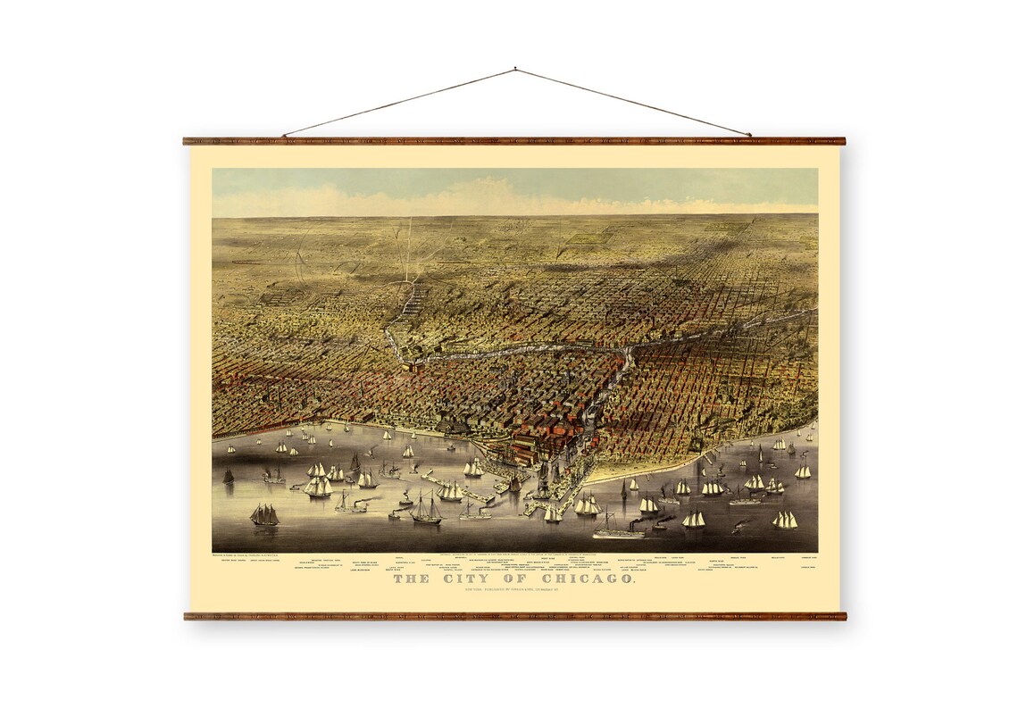 Chicago Vintage Map Canvas Scroll, 1870 Panoramic Style - Etsy
