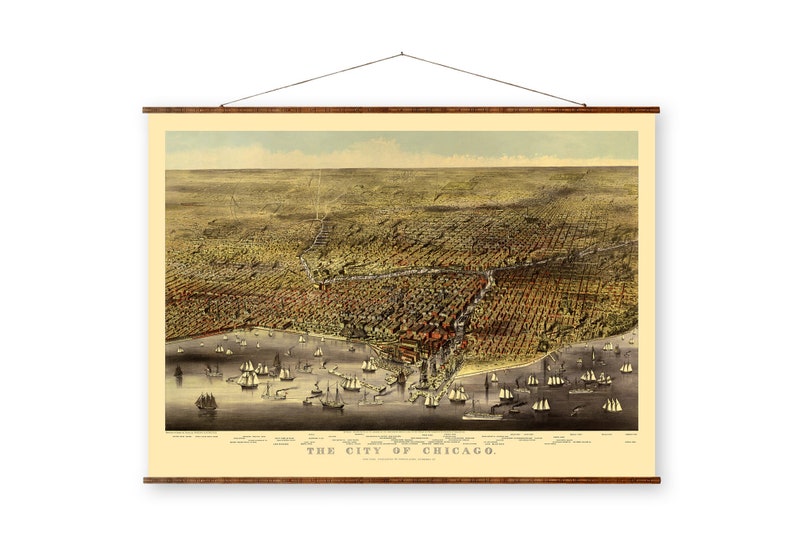 Chicago Vintage Map Canvas Scroll, 1870 Panoramic Style - Etsy