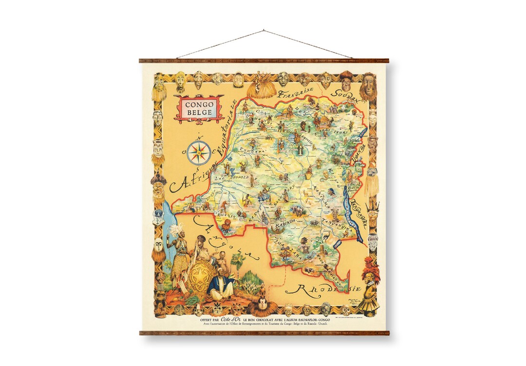 Map of Congo Belge Vintage City Map on Ready to Hang Roll Down Canvas ...