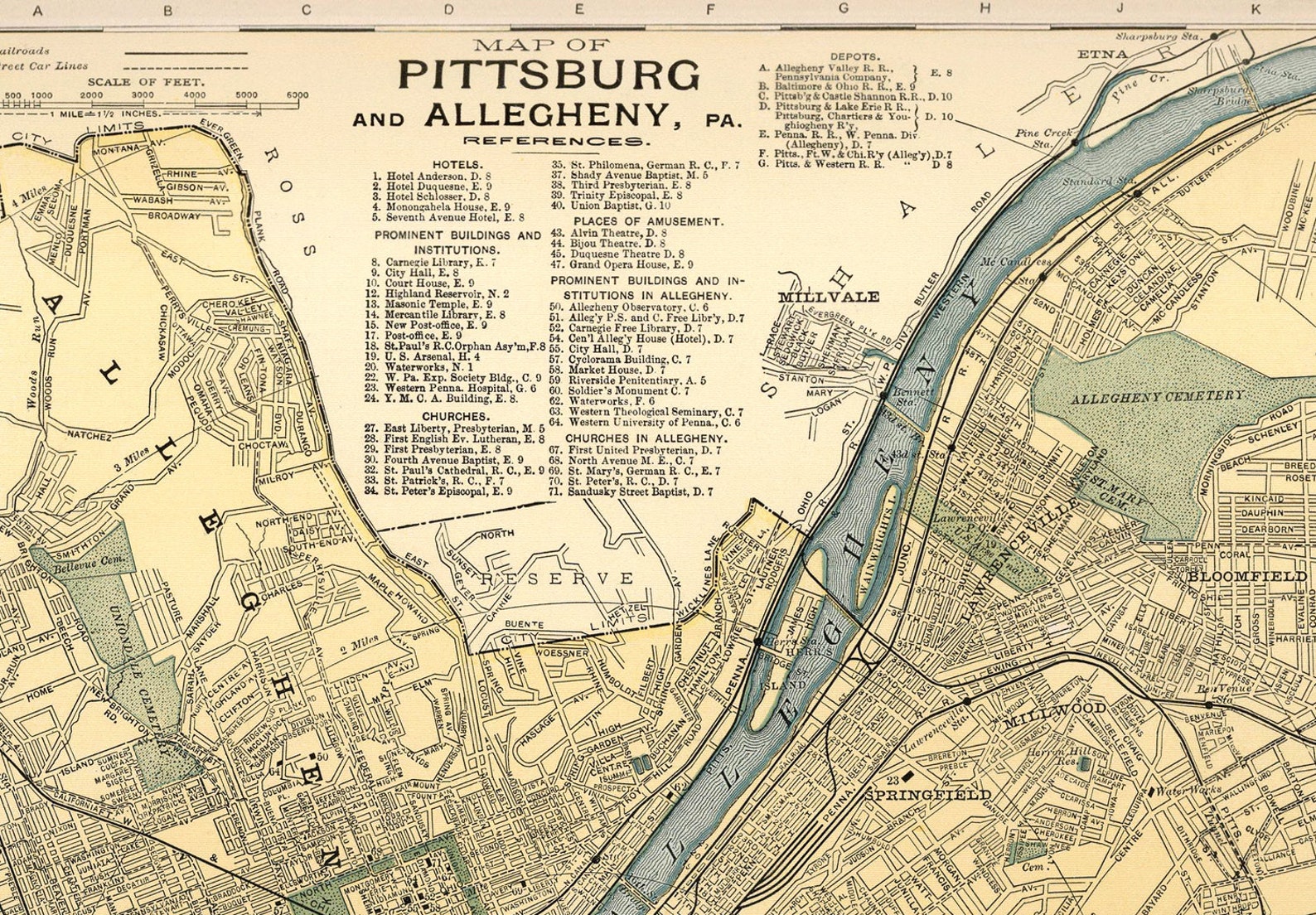 Pittsburgh City Map Vintage City Map on Ready to Hang Roll - Etsy
