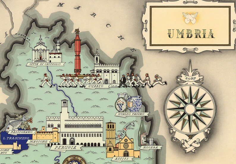 Map of Umbria Italy Vintage European City Poster Print on | Etsy