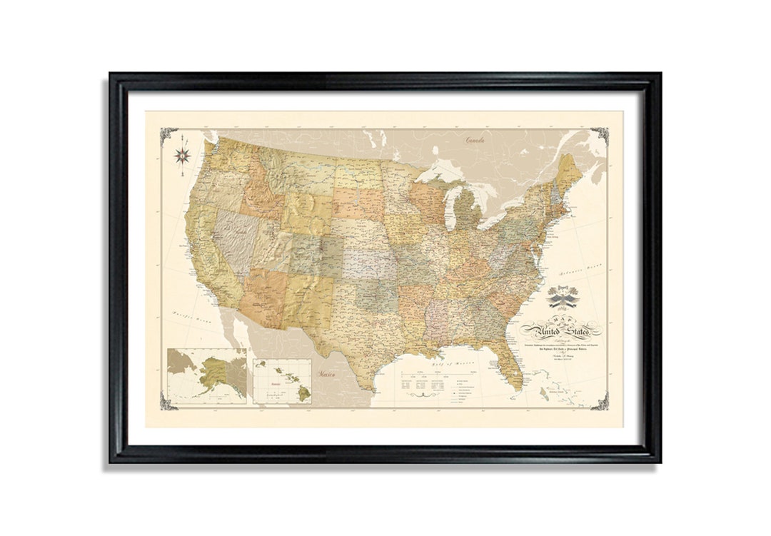Vintage USA Map Poster - Travel Art With Updated Borders - Etsy