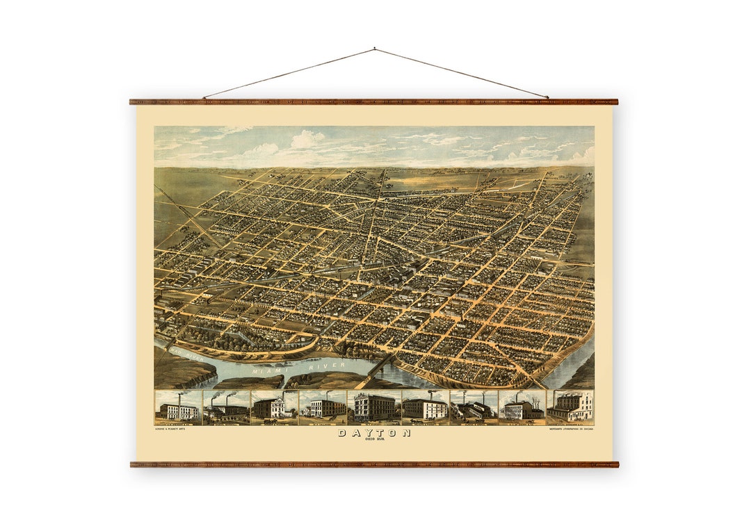 Dayton Ohio Map Canvas Scroll Birdseye Panoramic Vintage Style Map on ...