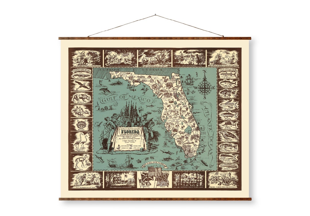 Florida Vintage Canvas Map Decorative Pictorial Scroll Wall State Map ...
