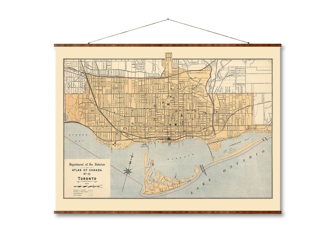 Toronto Canada Map Vintage City Map on Ready to Hang Roll Down Canvas ...