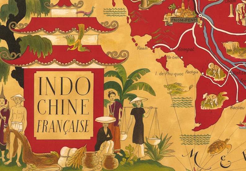 French Indochina Vietnam Laos Cambodia Map Vintage City Poster - Etsy