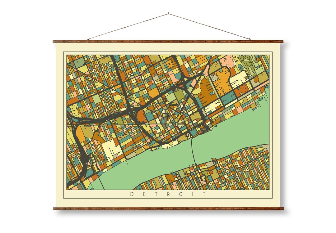 Detroit Mosaic City Art Map Vintage Colored on Ready to Hang Roll Down ...