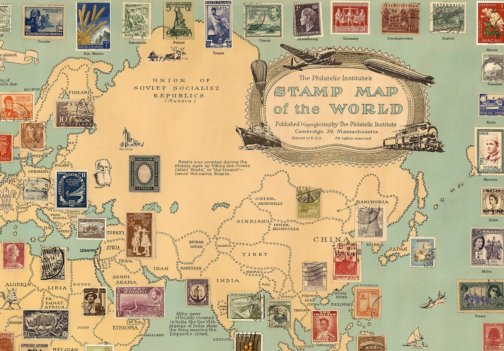 Stamp Map of the World Vintage Colored Map Country Home Wall | Etsy