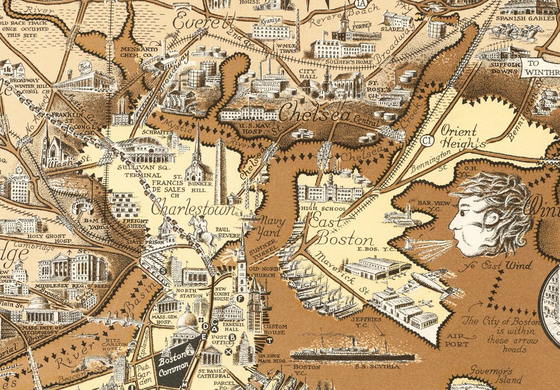Boston Pictorial Map Vintage City Map on Ready to Hang Roll - Etsy