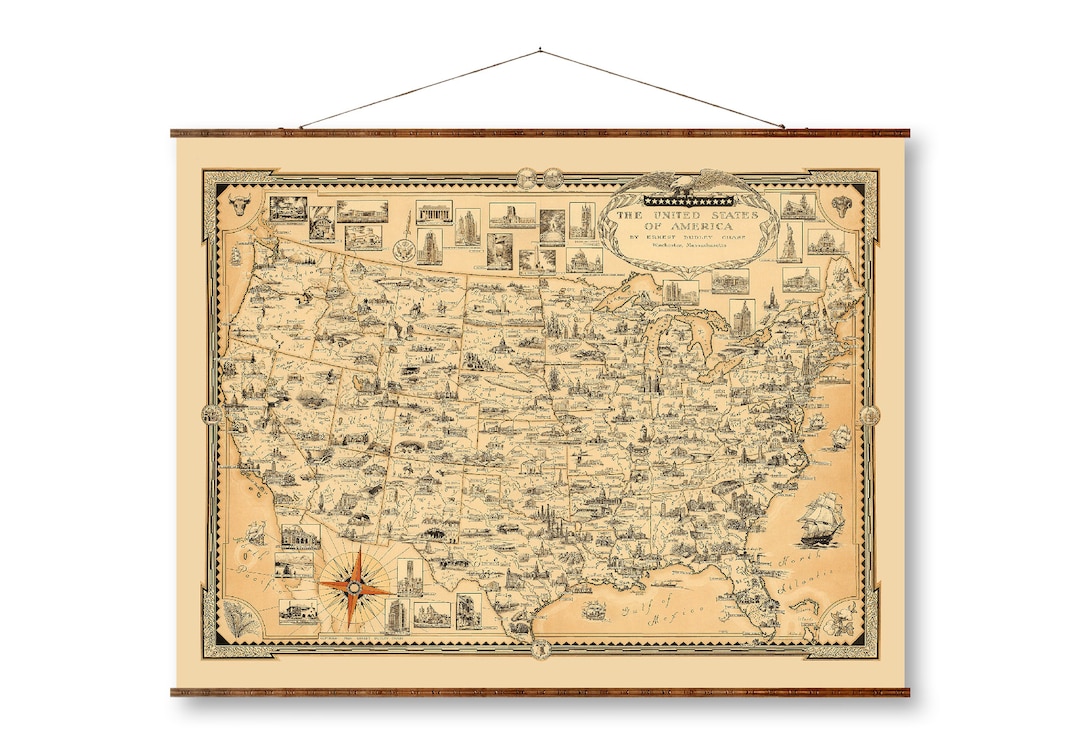Vintage USA Map Canvas, 1935 Antique Style Wall Scroll - Etsy