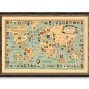 Stamp Map of the World Vintage Colored Map Country Home Wall - Etsy