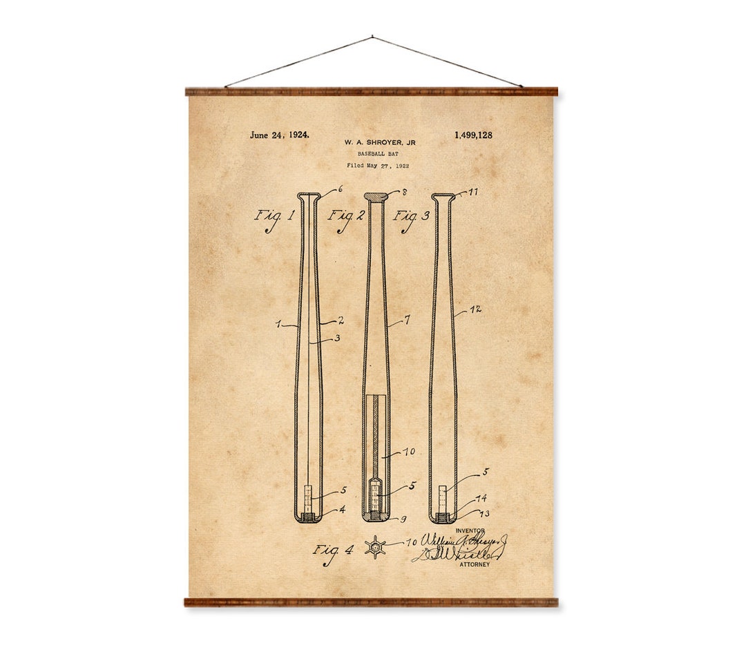 Baseball Bat Patent Vintage Illustrations Ready to Hang Roll Down ...