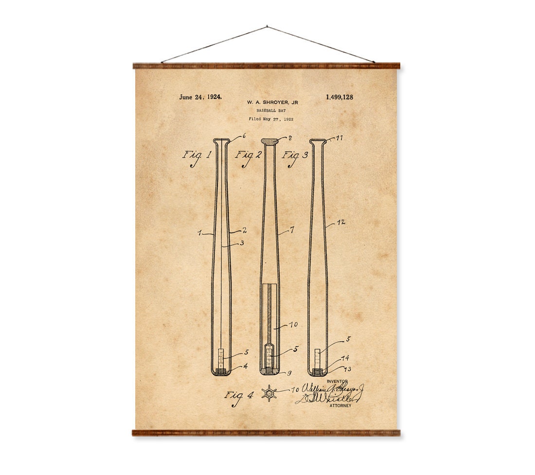 Baseball Bat Patent Vintage Illustrations Ready to Hang Roll | Etsy