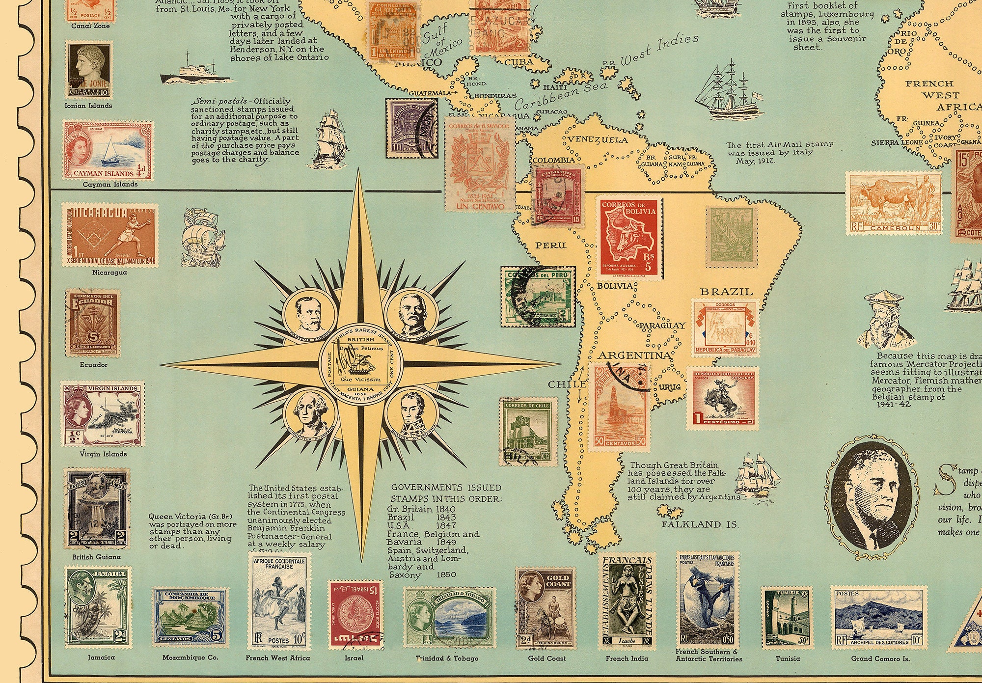 Stamp Map of the World Canvas Decorative Scroll Map Vintage - Etsy