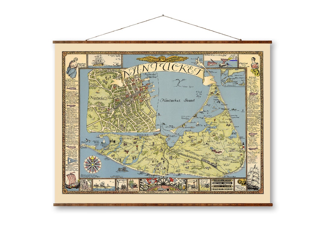 Mapa de Nantucket, mapa de colores vintage sobre lienzo enrollable ...